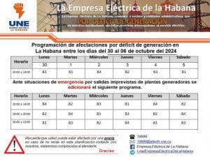La Habana: Calendario de apagones para esta semana